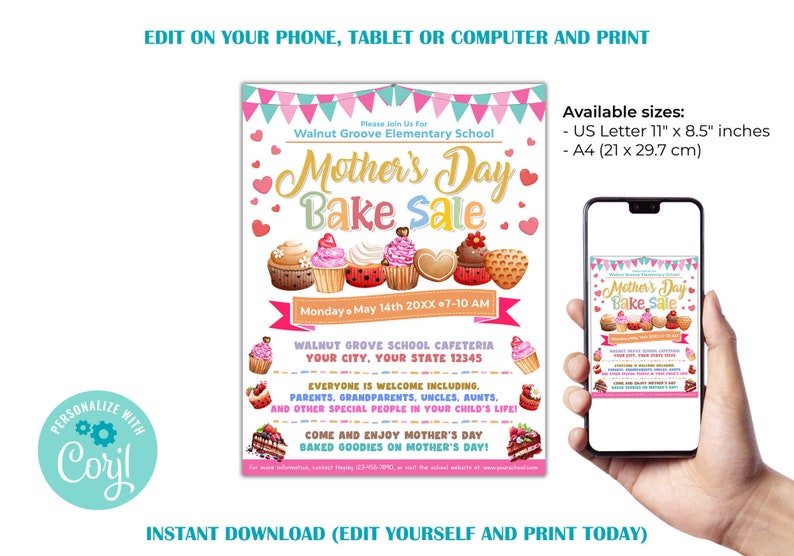 Editable Mother's Day Bake Sale Flyer School PTO PTA - Etsy