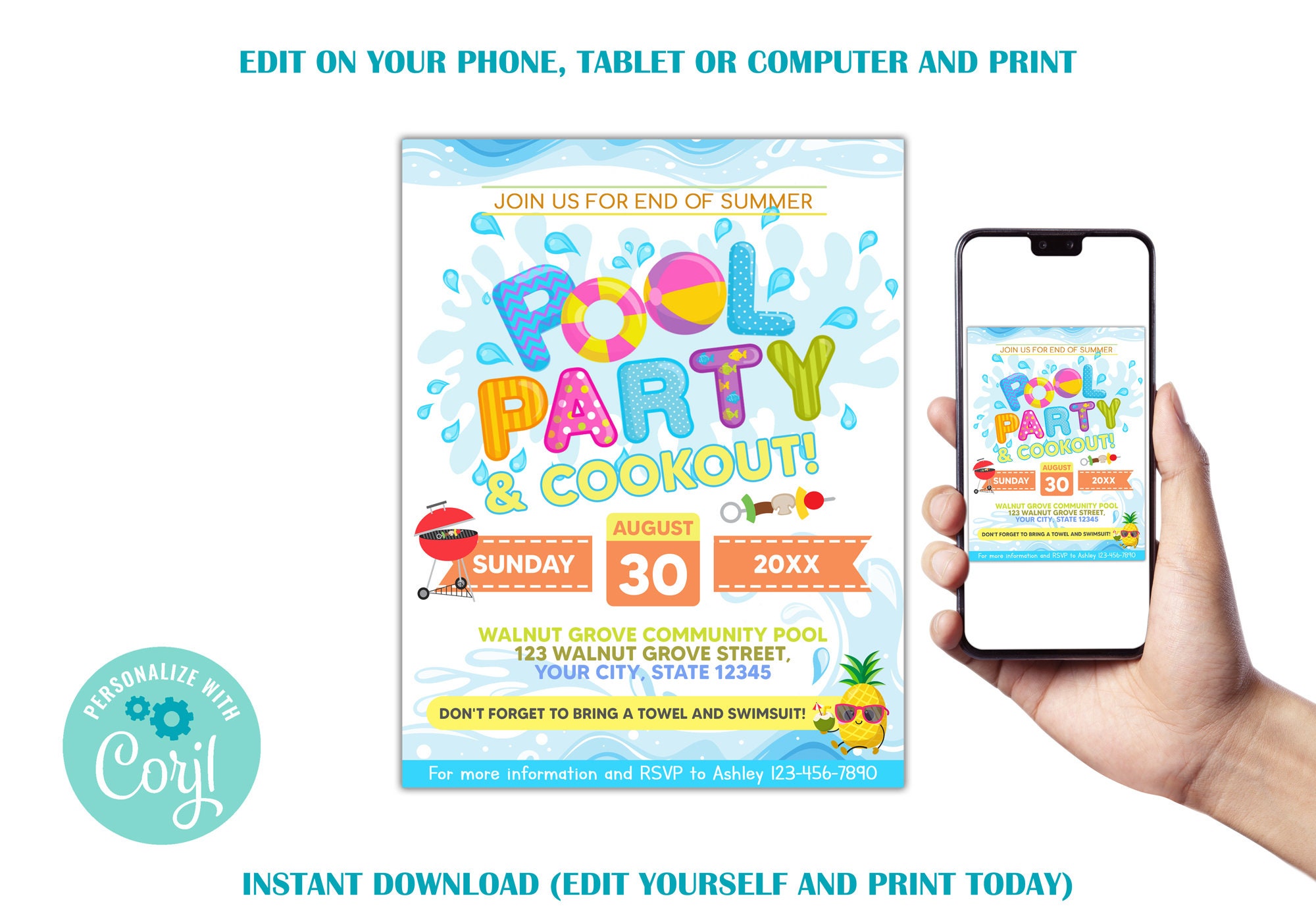 Editable Summer Party Invite, Back to School Pool Party and Cookout ...