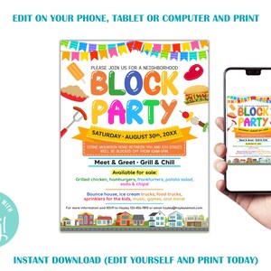EDITABLE Block Party Invitation, Neighborhood Bbq Picnic Summer Party ...