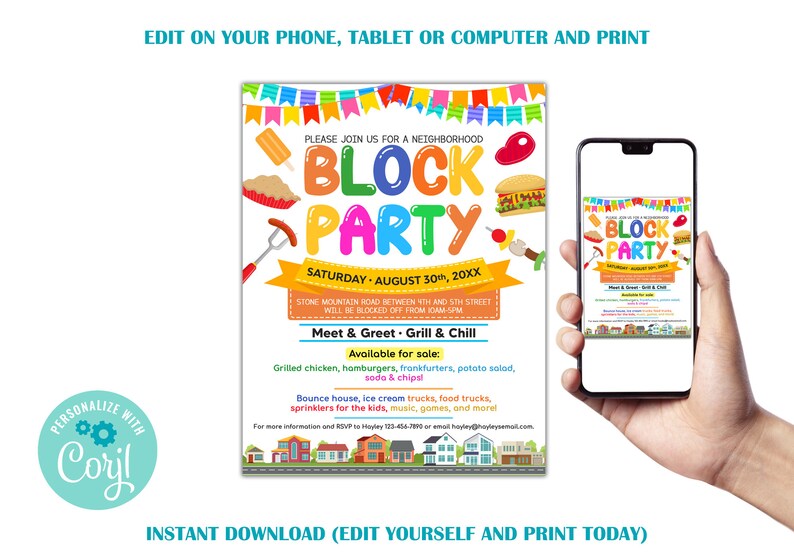 EDITABLE Block Party Invitation, Neighborhood Bbq Picnic Summer Party ...