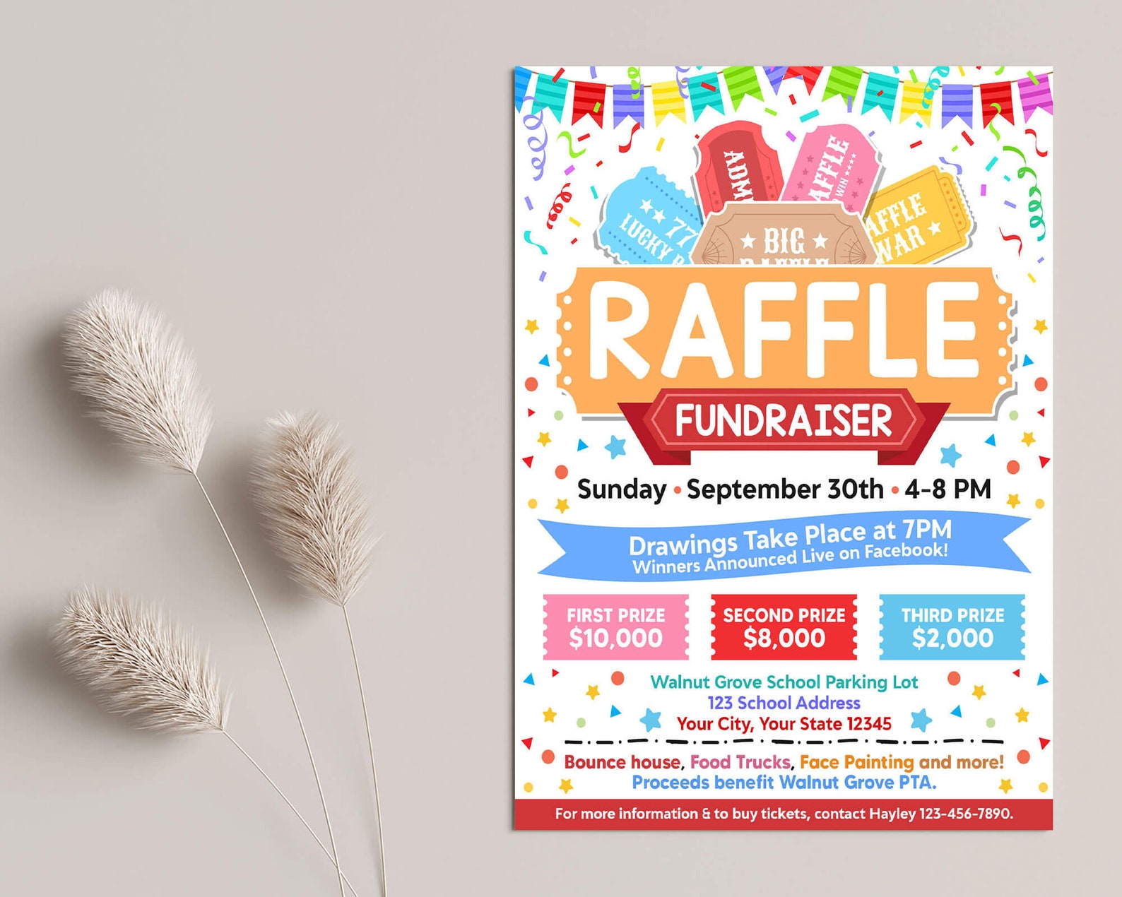 Raffle Fundraiser Flyer Template, Charity Ticket Sales, School Event ...