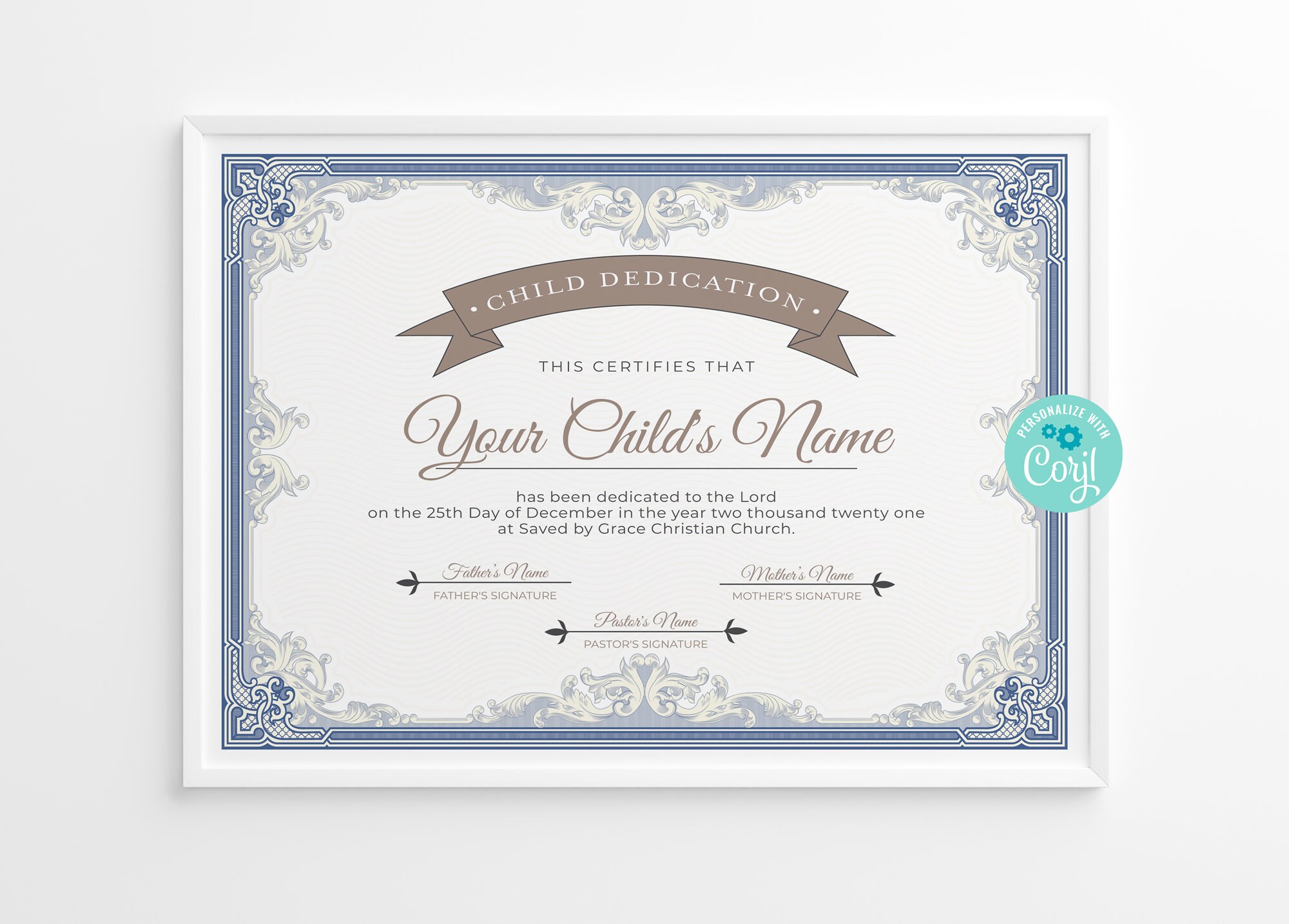 Child Dedication Certificate, Editable Blue & Brown Baby Dedication ...