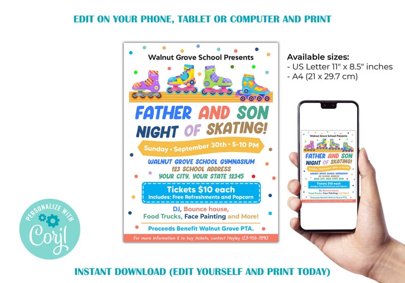 Father Son Skating Night Flyer: School Event Template (digital ...