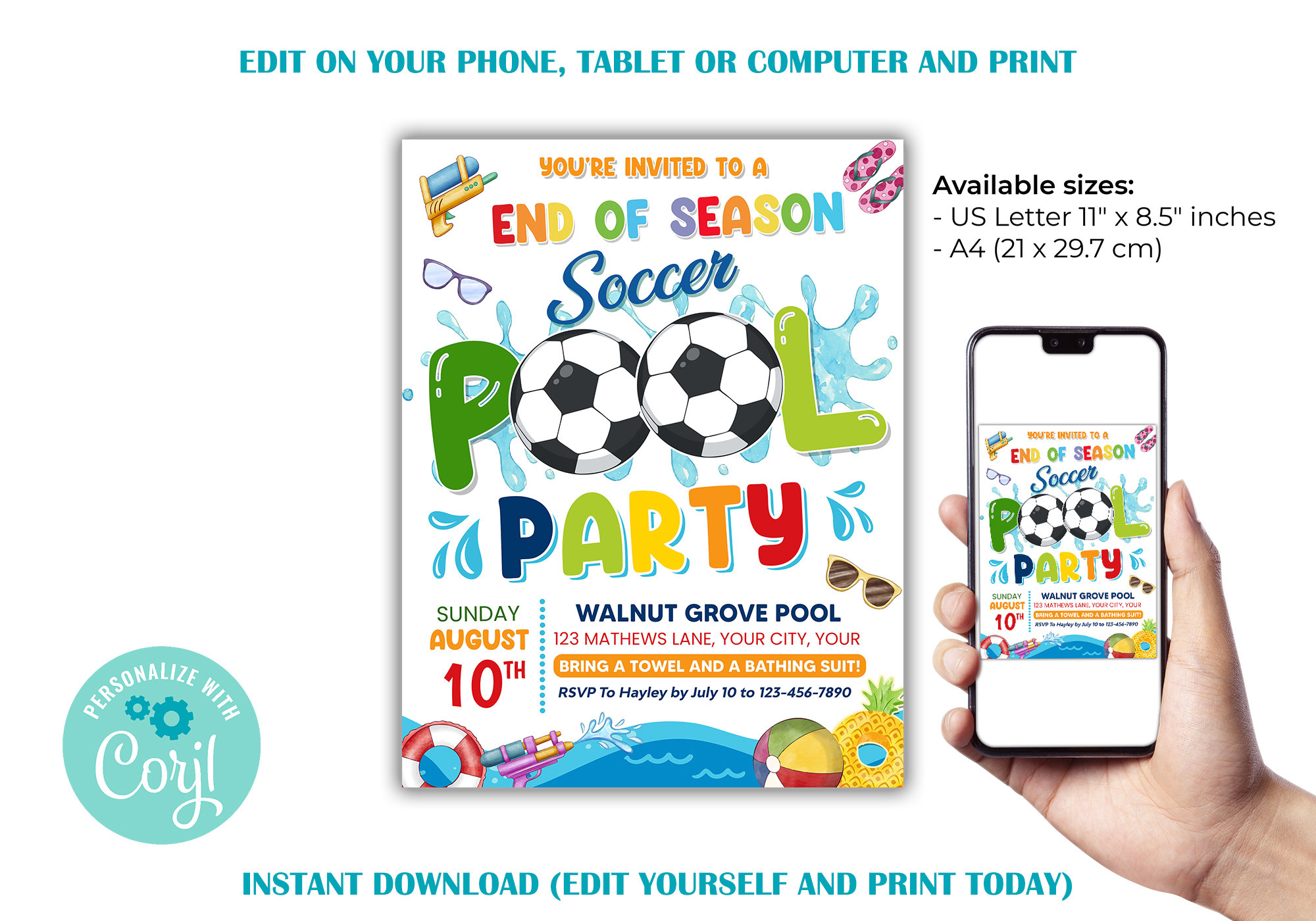 Editable End of Season Soccer Pool Party, Sports Pool Party Invite ...