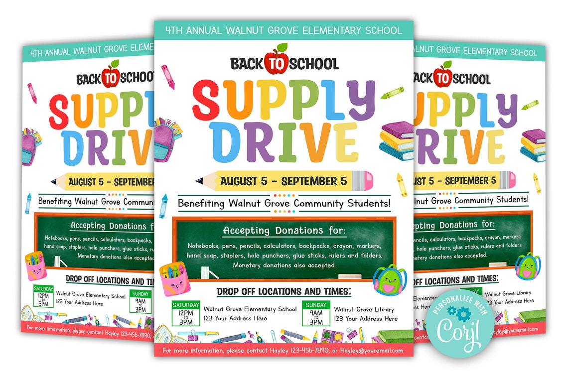 Editable School Supply Drive Flyer Colorful Back to School - Etsy