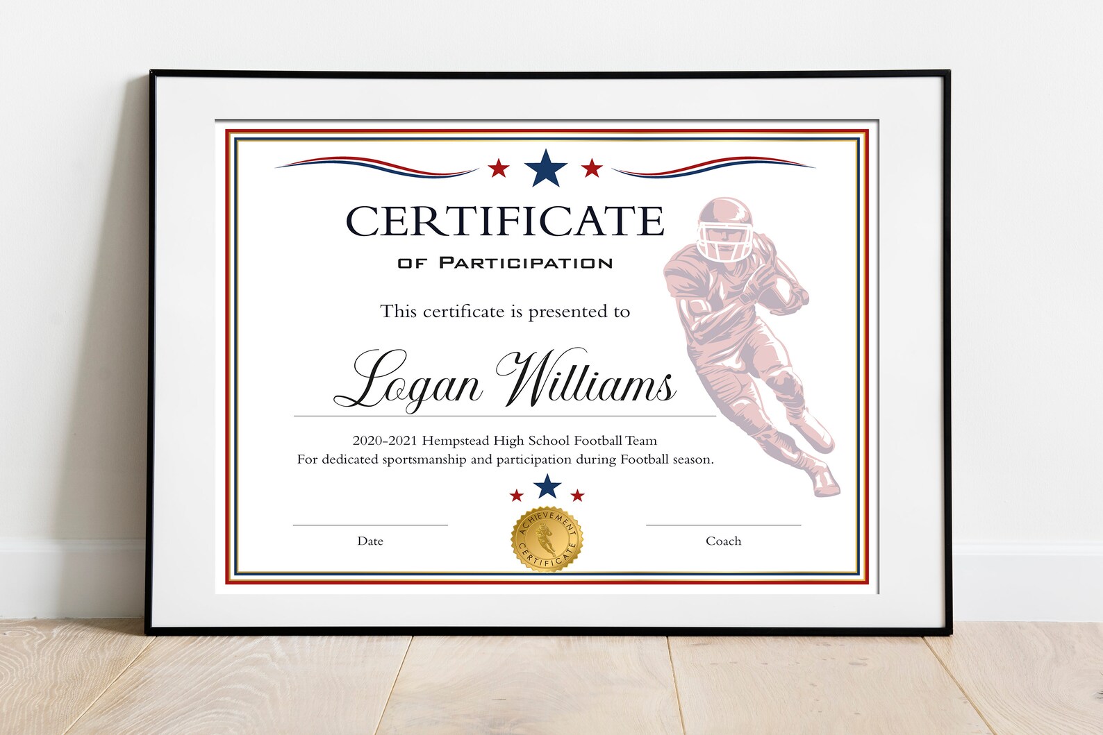 Red White Football Certificate Template, DIY Football Participation ...