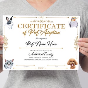 Certificate of Pet Adoption, Cat, Dog, Animal Certificate Template, Pet ...