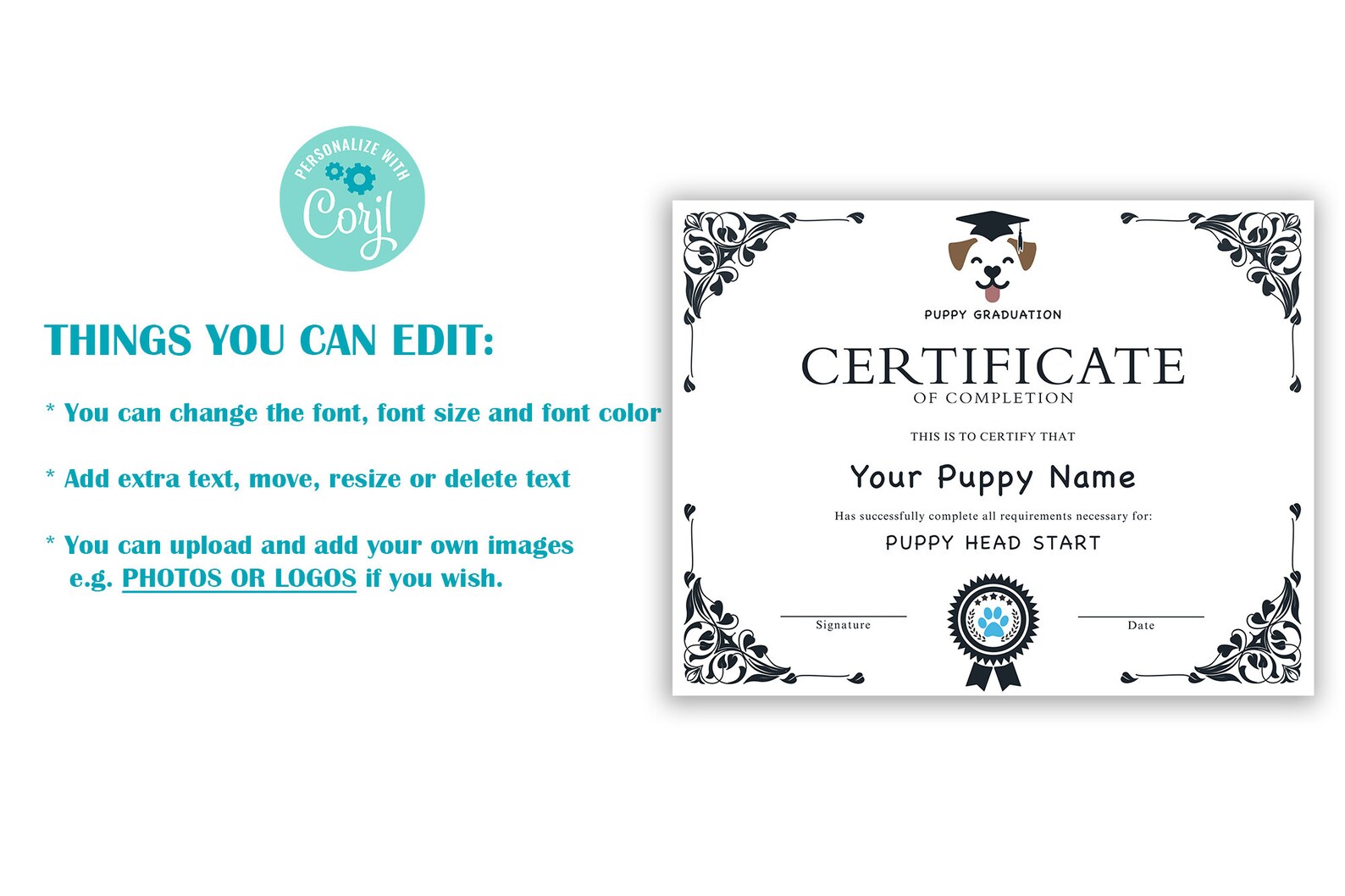 EDITABLE Puppy Dog Graduation Certificate Template, Dog Award ...
