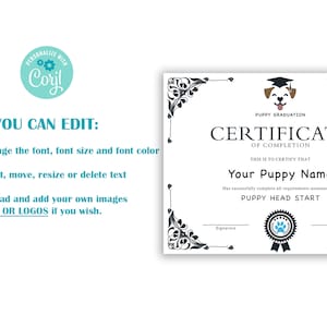EDITABLE Puppy Dog Graduation Certificate Template, Dog Award ...