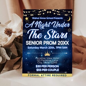 Editable A Night Under the Stars Prom Invitation, School Dance Flyer ...