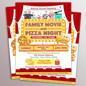 Editable Pizza and Movie Night Flyer Template, Cinema Movie Invitation ...