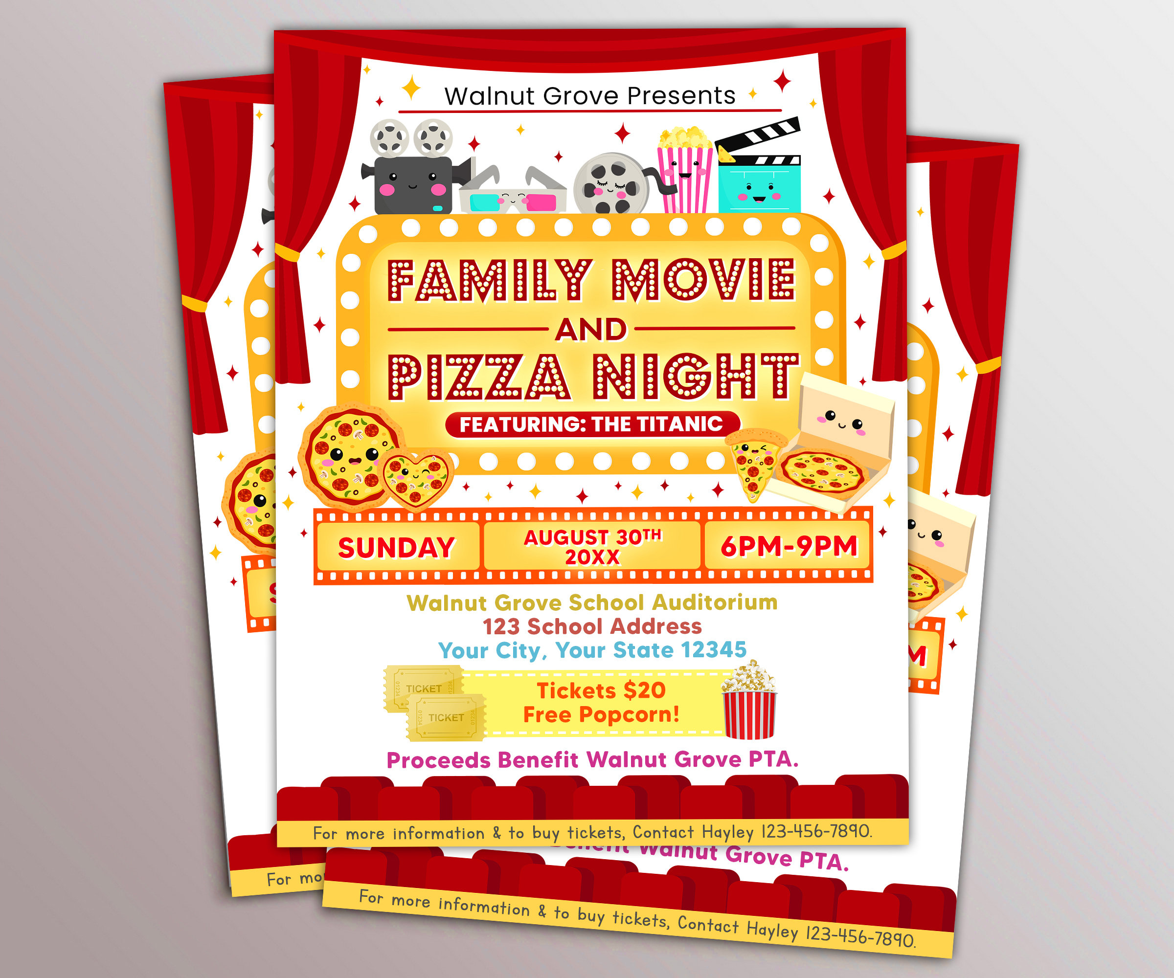 Editable Pizza and Movie Night Flyer Template, Cinema Movie Invitation ...