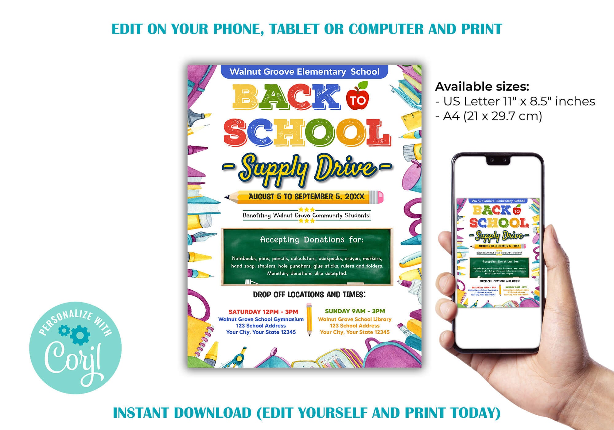 Editable Back to School Supply Drive Flyer, PTO PTA School Flyer ...
