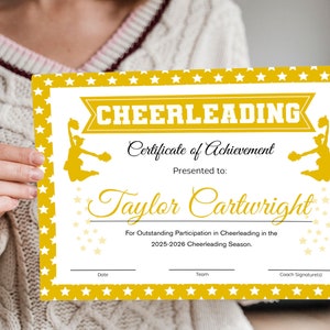 EDITABLE Cheerleader Certificate, Yellow Cheer Certificates Sports ...