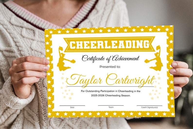 EDITABLE Cheerleader Certificate Yellow Cheer Certificates - Etsy