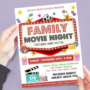 Editable Family Movie Night Flyer, School Church Benefit Fundraiser ...