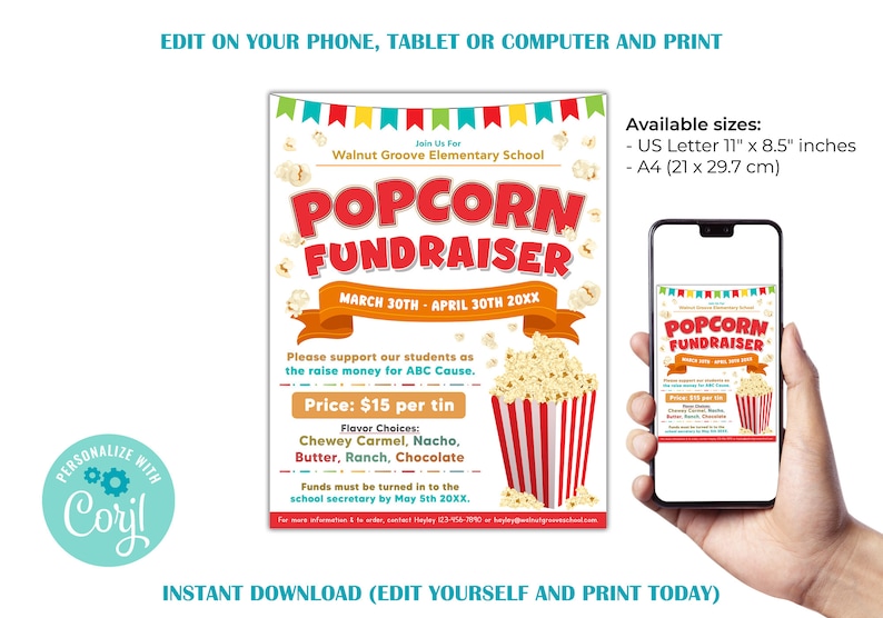 Editable Popcorn Fundraiser Flyer, School Pto Pta Church Fundraiser ...