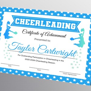 Editable Cheer Certificate Light Blue, Cheerleading Gifts Award ...