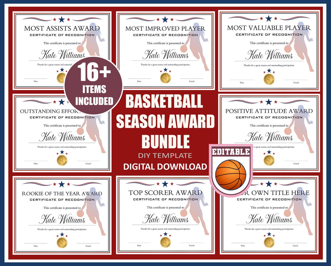 EDITABLE End of Season Basketball Award Certificates for Girls, Red ...