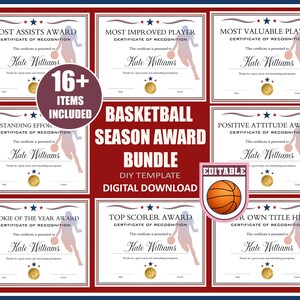 EDITABLE End of Season Basketball Award Certificates for Girls, Red ...
