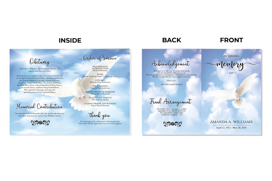Blue Sky White Dove Funeral Program, Editable 4 Page Program for ...