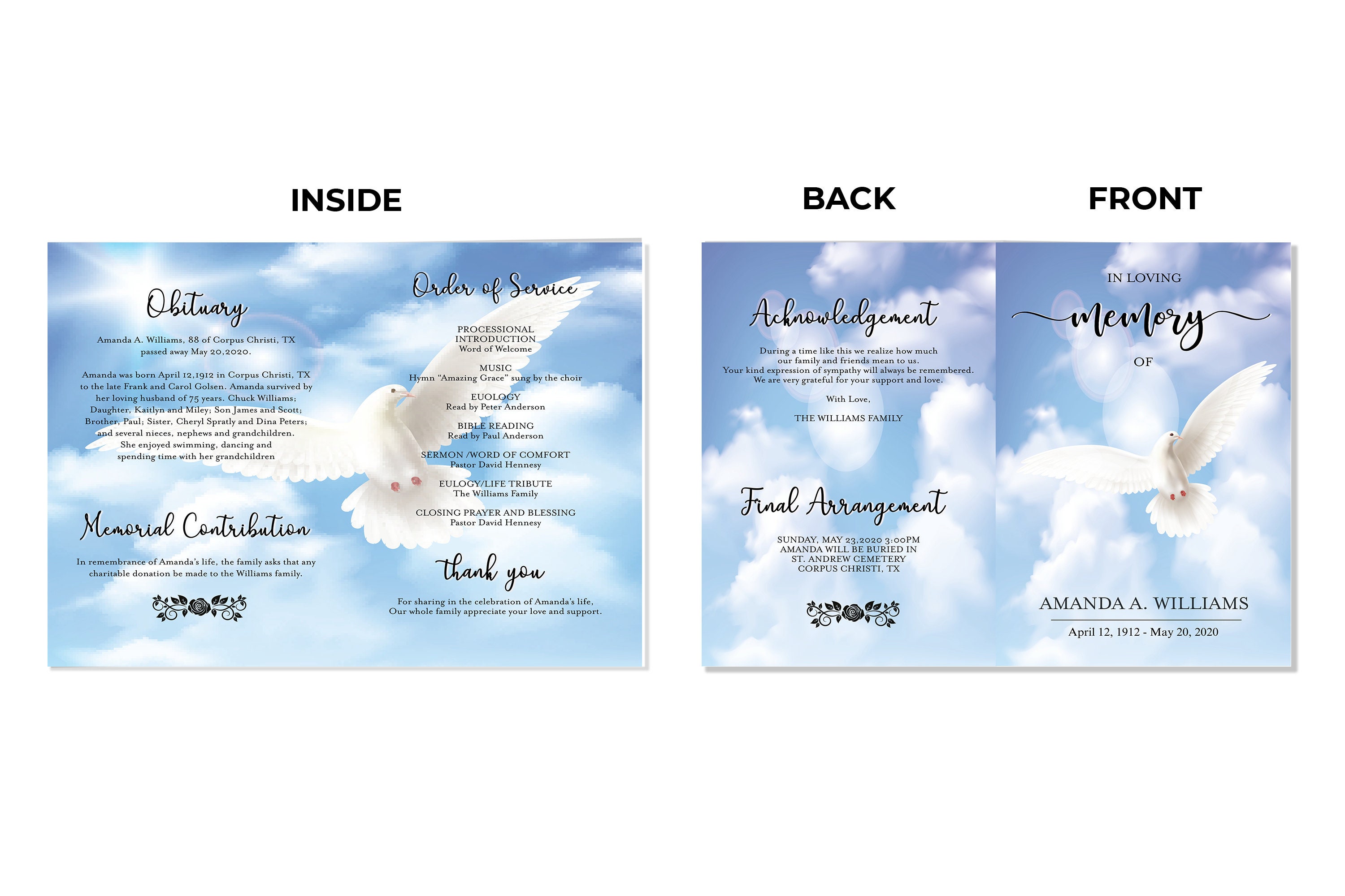 Blue Sky White Dove Funeral Program, Editable 4 Page Program for ...