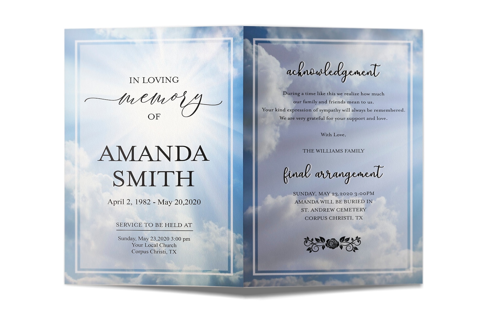 Blue Sky Funeral Brochure, Editable 4 Page Blue Funeral Program - Etsy