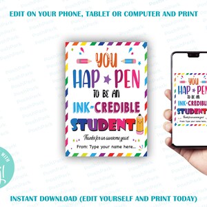 EDITABLE You Happen to Be Ink-credible Student Gift Tags, Student ...