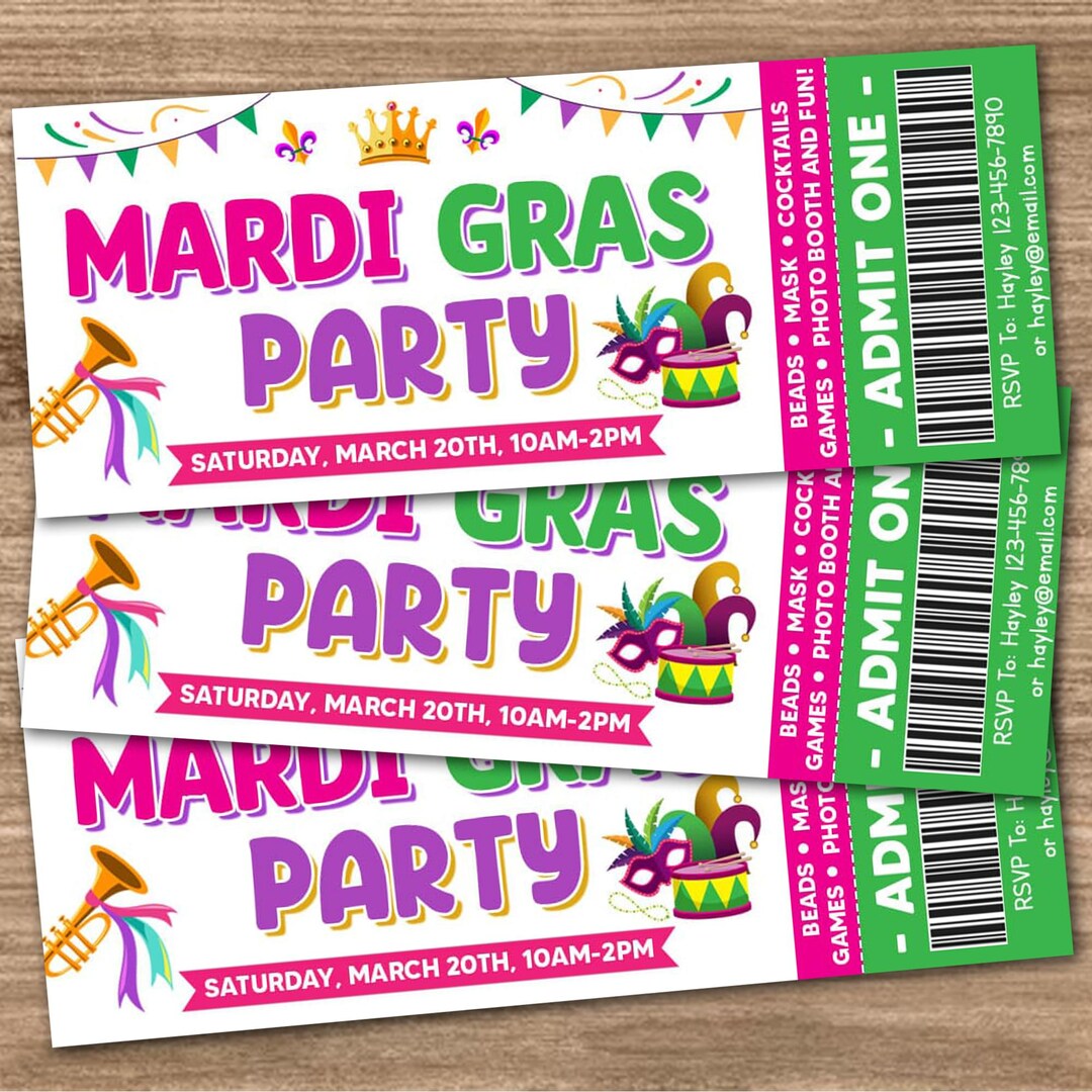 Mardi Gras Party Ticket Template, Editable Mardi Gras Celebration ...