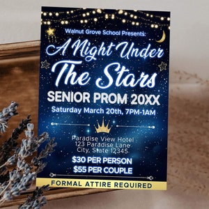 Editable A Night Under the Stars Prom Invitation, School Dance Flyer ...