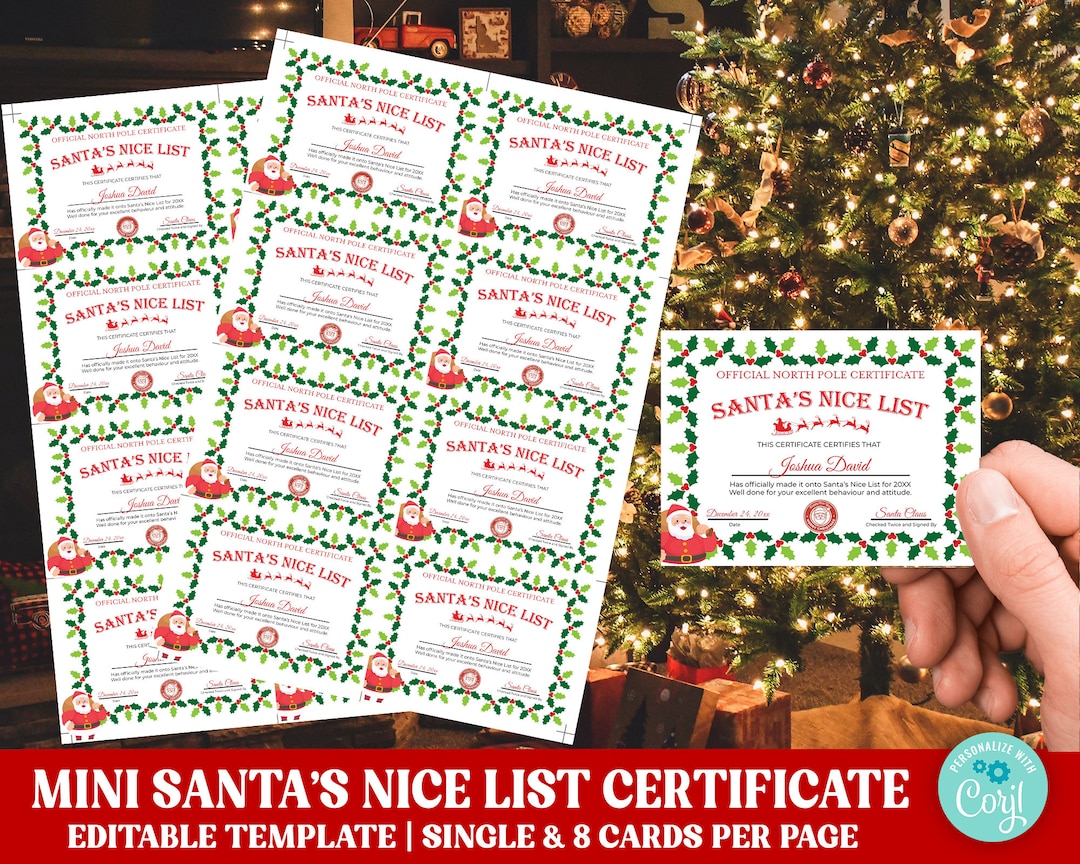 Editable Mini Christmas Nice List Certificate Instant Download ...