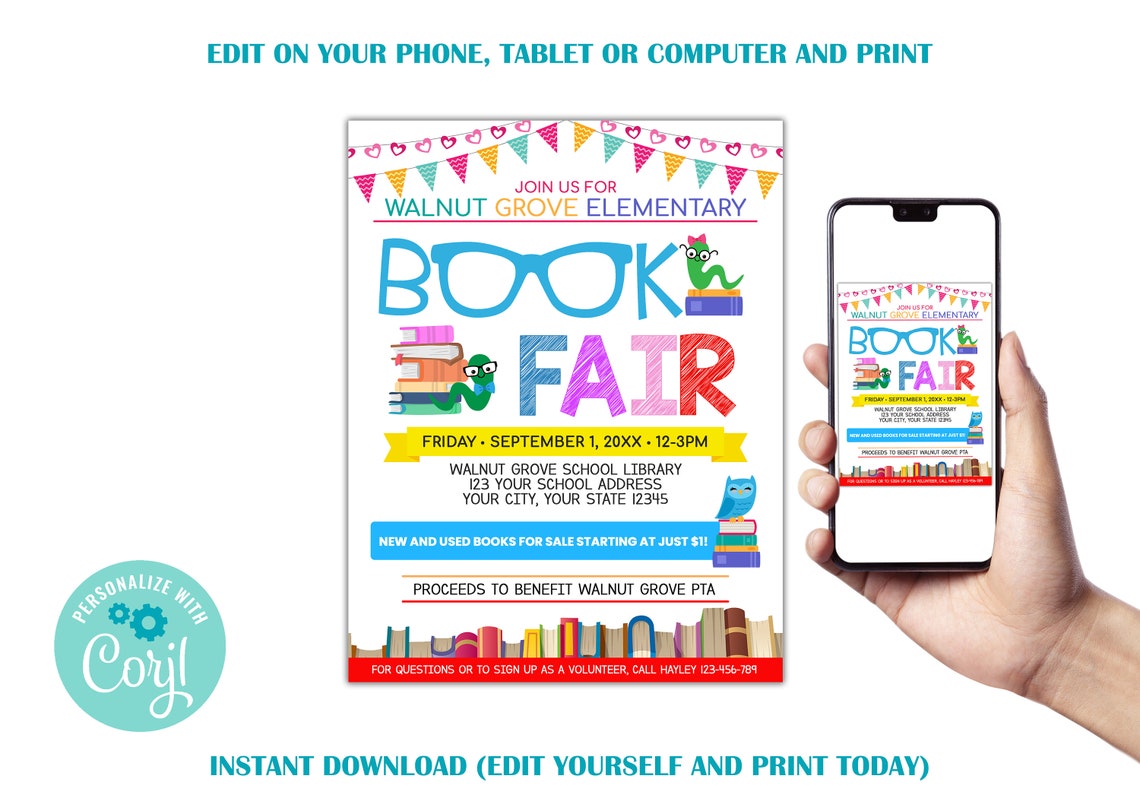 Editable Book Fair Flyer Template, Colorful School Fundraiser ...