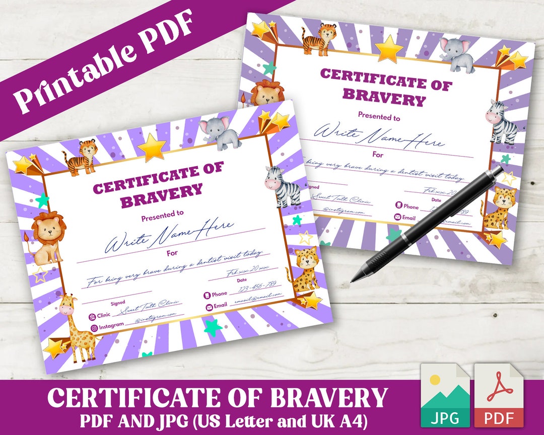 Printable PDF Certificate of Bravery, Cute Animal Theme PDF Kids Certificate Template for Boys ...