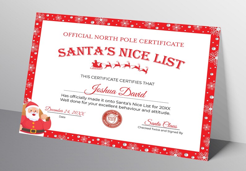 Downloadable Christmas Nice List Certificate From Santa, Red White ...