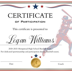 Red White Boys Baseball Certificate Template, Baseball Participation ...