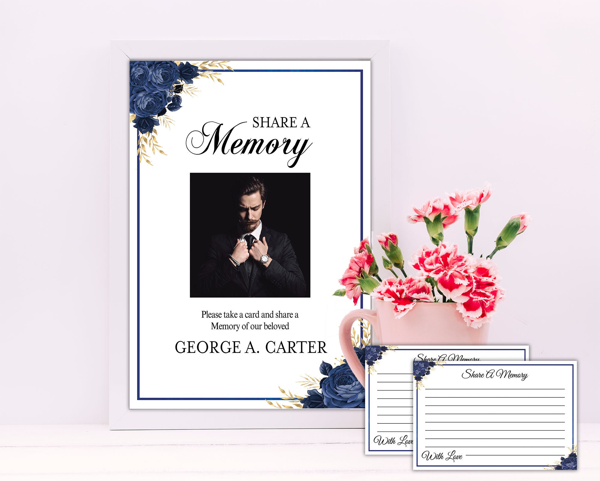 Funeral Share a Memory Card and Sign, Editable Blue Rose Funeral ...