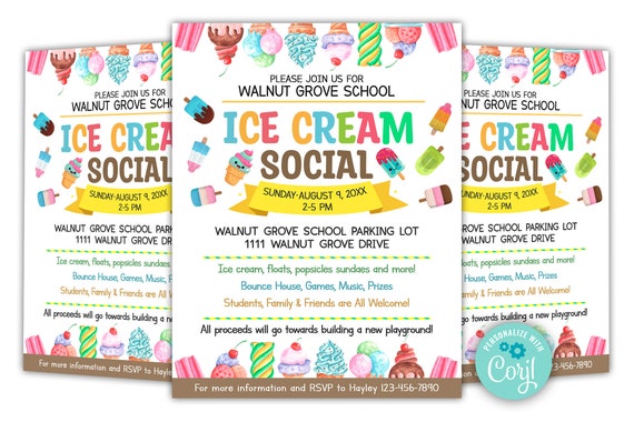 Editable Ice Cream Social Flyer Summer Ice Cream Party Watercolor Flyer Template Church