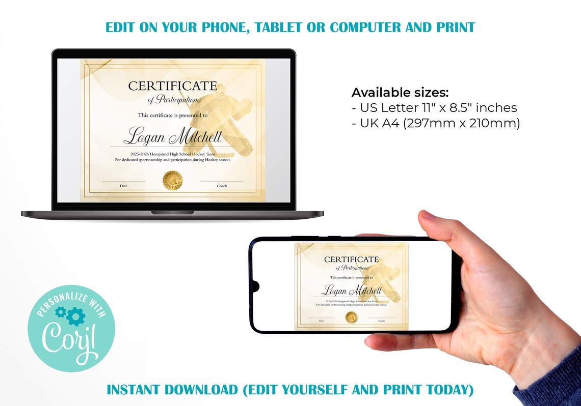 Editable Goalie Hockey Certificate Printable Goalie | Etsy