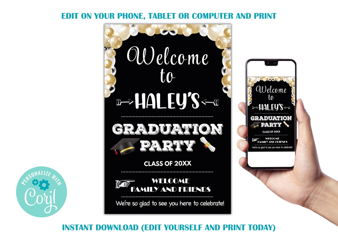 Graduation Welcome Sign for Easel Instant Download Black Gold - Etsy