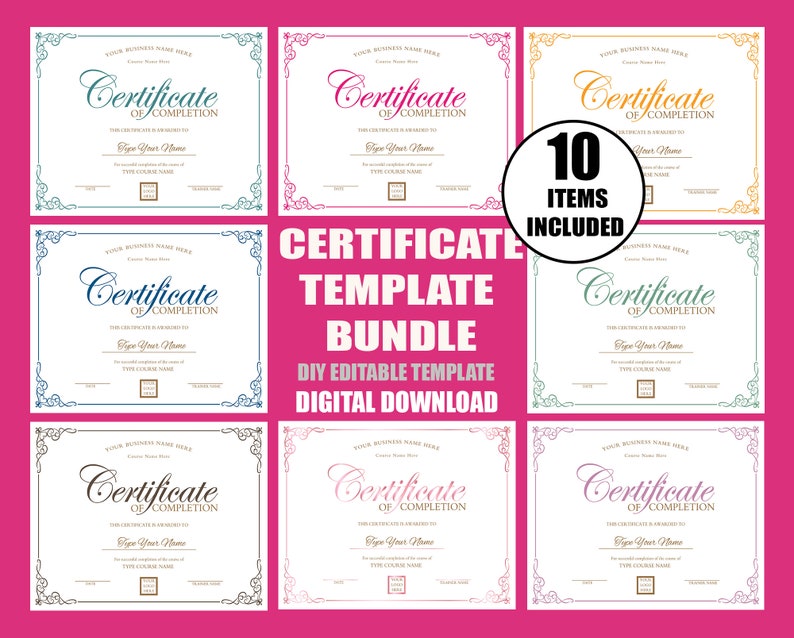 Editable Certificate of Completion Template Bundle, Multi Color ...