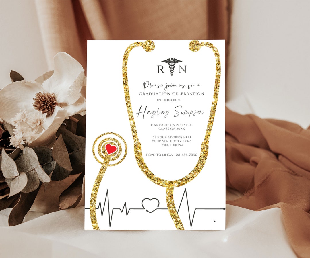 Editable Nurse Graduation Invitation , White and Gold Graduation Party ...