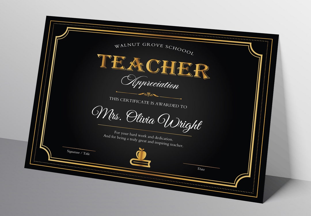 Editable Elegant Teacher Appreciation Certificate Black, Teacher ...