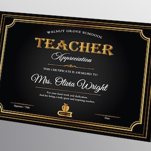 Editable Elegant Teacher Appreciation Certificate Black, Teacher ...