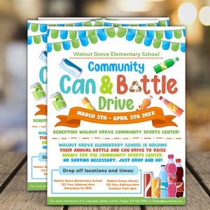 Editable Can and Bottle Drive Fundraiser Flyer, PTO PTA Family School ...