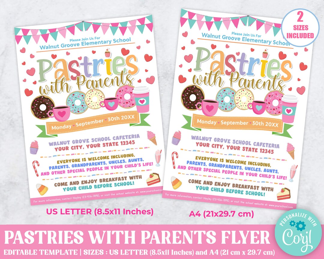 Editable Pastries With Parents Flyer, Parent Appreciation Open House ...