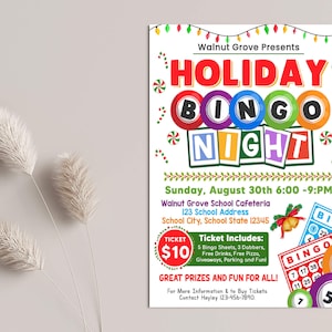 Holiday Bingo Night Flyer, School Family Holiday Game Fundraiser Event ...