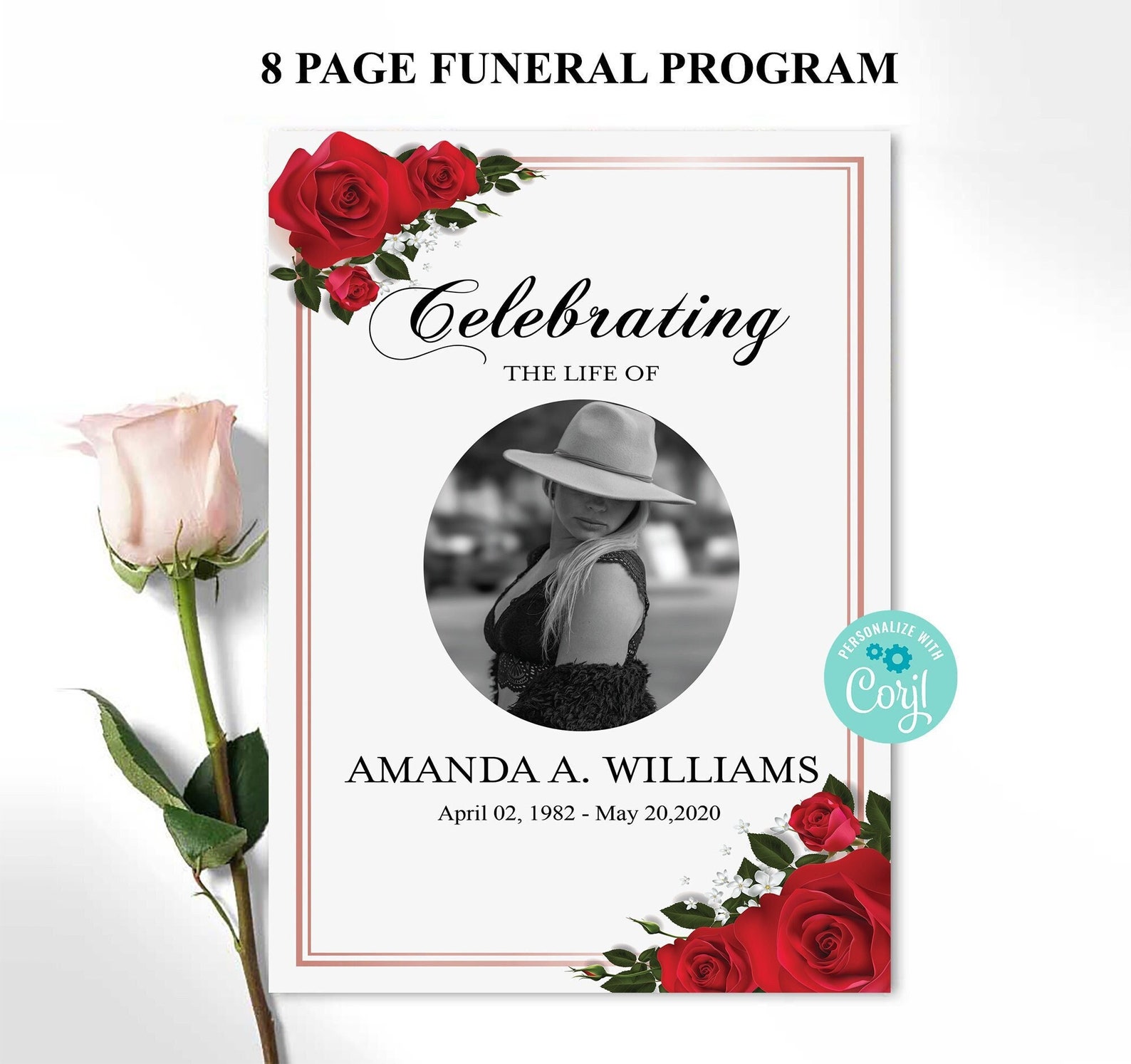 8 Page Red Rose Funeral Program Template Editable Minimalist | Etsy