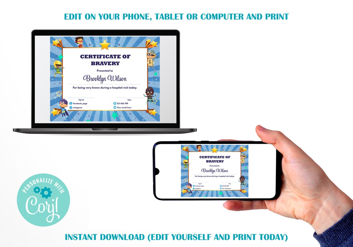 Editable Certificate of Bravery, Blue Printable Kids Certificate ...