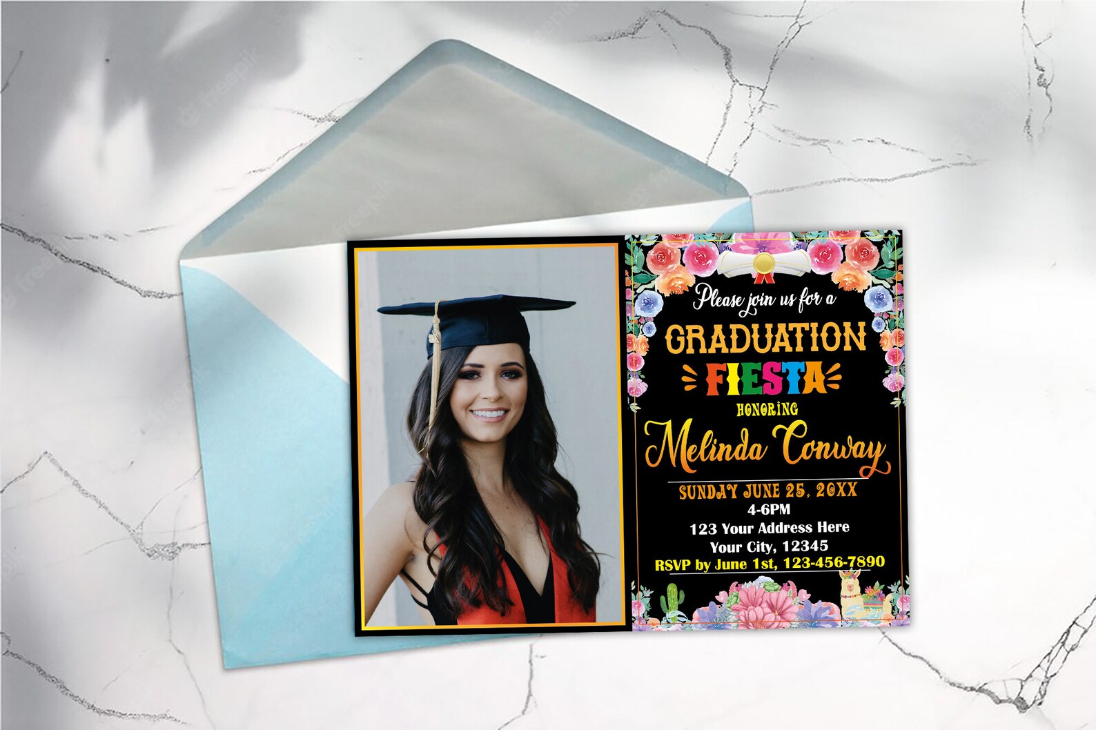 EDITABLE Fiesta Graduation Party Invitations With Photo, Black Floral ...