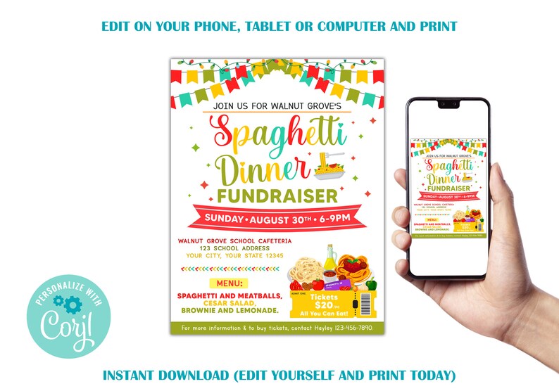 Editable Spaghetti Dinner Flyer and Ticket Invitation Italian - Etsy